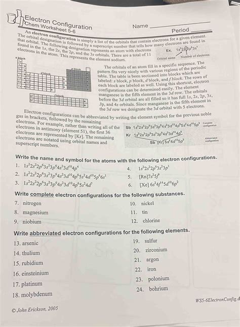Electron Configuration Name Chem Worksheet 5 6 Period An Electron