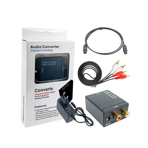 Kit Conversor de Áudio Digital para Analógico Fonte de Energia e Cabos Óptico e RCA Mini