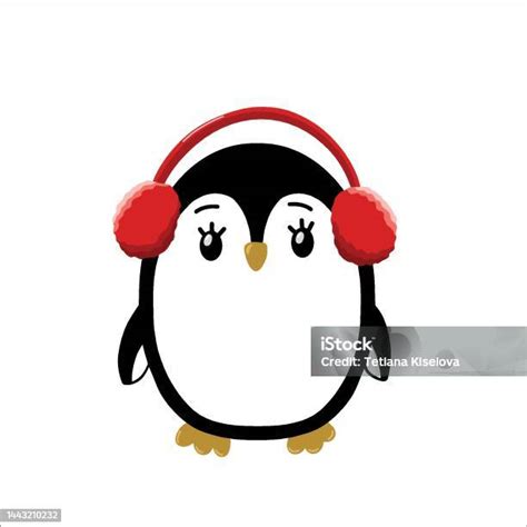 머리에 빨간 털 귀마개를 한 귀여운 펭귄 겨울 그림입니다 벡터 그림입니다 가공의 인물에 대한 스톡 벡터 아트 및 기타 이미지