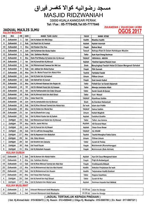 Jadual Pengajian Majlis Ilmu Ogos 2017 Jadual Pengajian Majlis