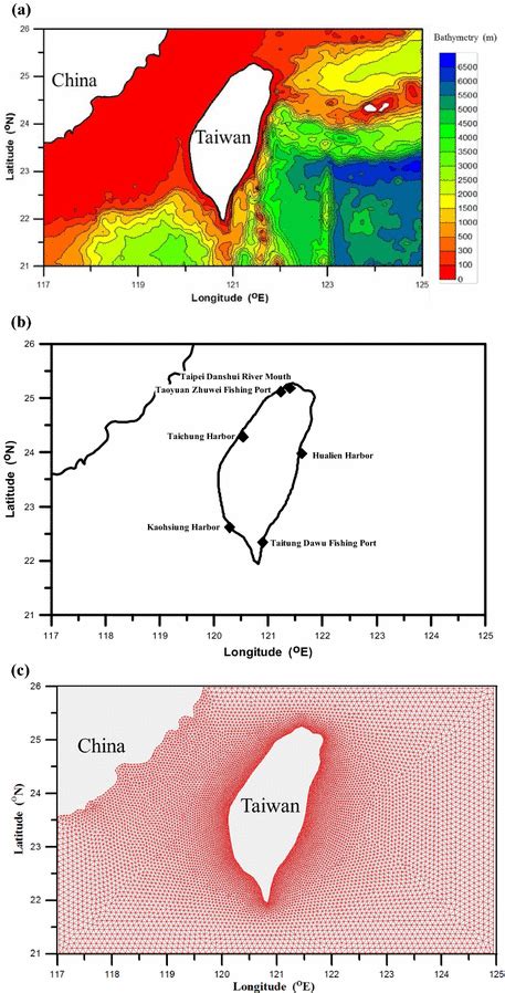 a bathymetric map b locations of tidal gauge stations along the coast