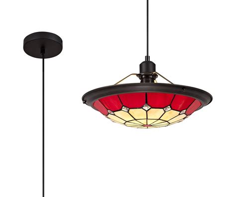 Baldi 1 Light Pendant E27 With 35cm Tiffany Shade Cream And Red And Clear Crystal Centre And Aged
