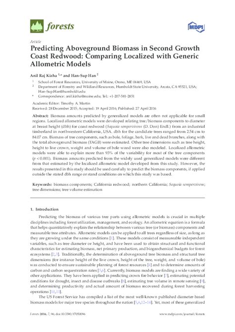 Pdf Predicting Aboveground Biomass In Second Growth Coast Redwood Comparing Localized With
