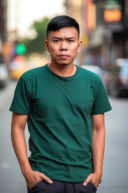 Premium Ai Image A Man In A Green Shirt Stands On The Street And