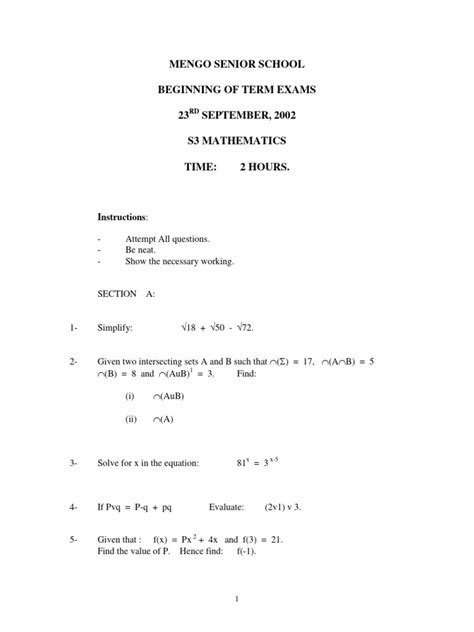 S3 Mathematics Paper 1 Mengo Senior School Beginning Of Term 3 Exams