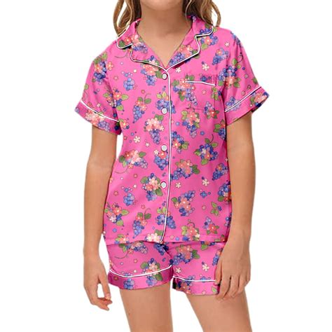 Tween Girls Silk Pajamas Fruit Print 2 Piece Short Sleeve Button Down