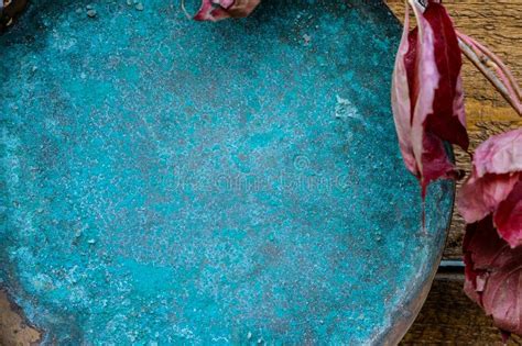 Textured Round Copper Plate With Cyan Color Patina For Design Stock
