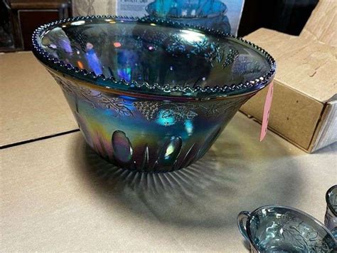 Iridescent Blue Carnival Glass Punch Bowl Res Auction Services