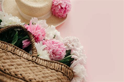 밀 짚 모자와 파스텔 핑크 종이에 흰색과 분홍색 모란와 소박한 부 대 안녕하세요 봄 이미지 복사 공간 여름 휴가 개념 국제