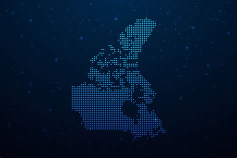 미래 지향적인 스타일의 캐나다 점도지도 별 선 점으로 만든 빛나는 윤곽선 통신 진한 파란색 배경에 인터넷 기술 개념 0명에 대한