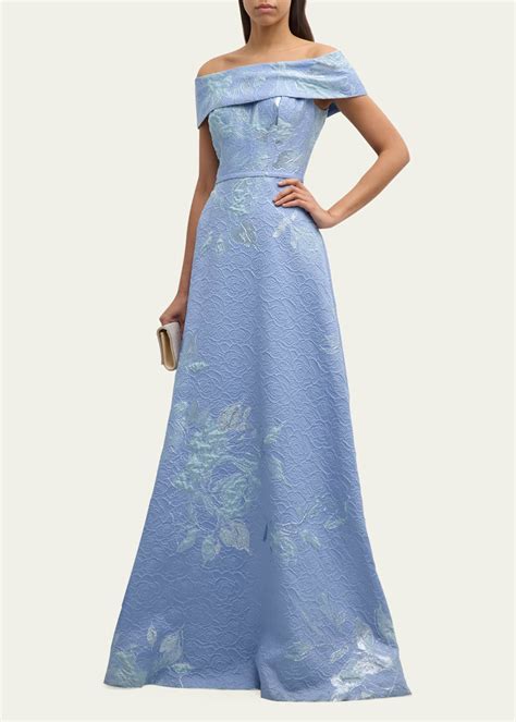 Rickie Freeman For Teri Jon Off Shoulder Metallic Flower Jacquard Gown