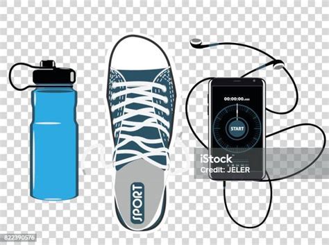 고립 된 개체는 투명 한 배경 평면도에 설정합니다 스포츠 물 병 스마트폰 헤드폰와 운동 화 0명에 대한 스톡 벡터 아트 및 기타
