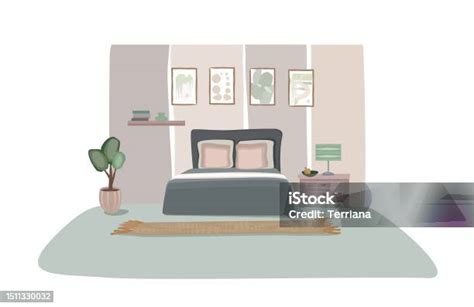 침실 디자인 가구가 있는 현대적인 침실의 전면 모습 아늑한 홈 인테리어 아파트 세련된 장식 0명에 대한 스톡 벡터 아트 및 기타