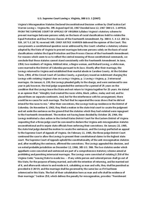 Loving V Virginia 388 U S 1 1967 Pdf Loving V Virginia Equal