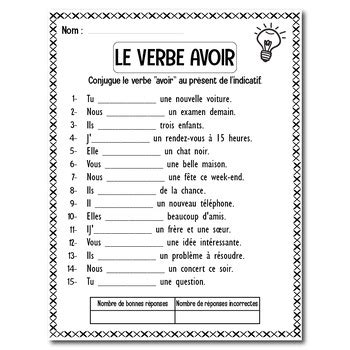 French Verb Worksheet Le Verbe Avoir au présent de l indicatif la