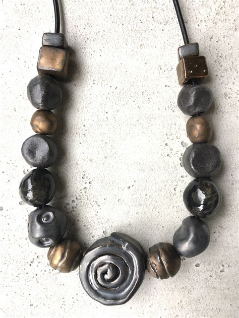 Necklace With Beads In Ceramic Gold And Silver Etsy