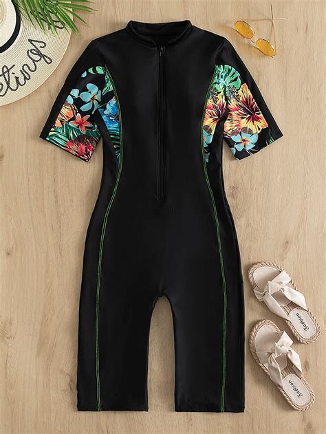 Shein Swim Sprty Tropical Print Zipper One Piece Swimsuit Shein Uk