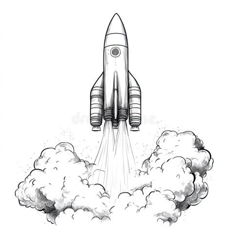 Sketch Of A Rocket Launching Into The Sky With Smoke Stock Illustration