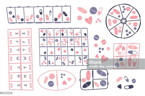 알약 상자 주최자 컬렉션 플라스틱 주최자의 정제 매일 주간 약물 약을 복용에 대 한 알림 플랫 핸드 그린 벡터 일러스트레이션 알약에 대한 스톡 벡터 아트 및 기타 이미지