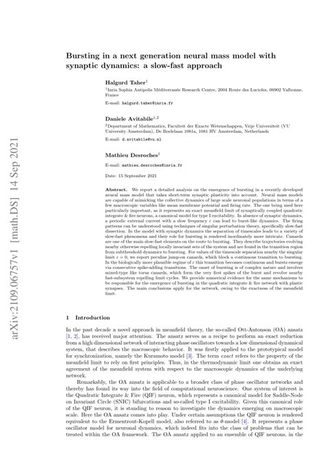 PDF Bursting In A Next Generation Neural Mass Model With Synaptic Dynamics A Slow Fast Approach