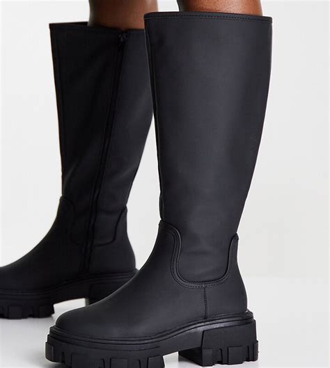 Asos Design Wide Fit Carla Chunky Flat Knee Boots In Black Shopstyle