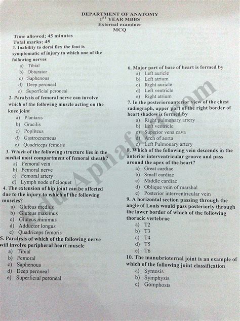 UHS Pattern Anatomy MCQs For St Year MBBS Educational Blog Medical School Stuff Anatomy