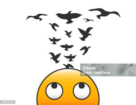 그의 머리에서 비행 하는 조류와 이모티콘 문자입니다 창의성에 대 한 투명 한 배경 가진 벡터 일러스트 레이 션 개념 마음 및 심리학 또는 뇌와 생각의 자유 관련 과목 0명에