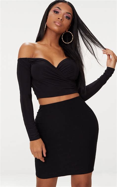 Shape Black Slinky Bardot Crop Top Curve Prettylittlething