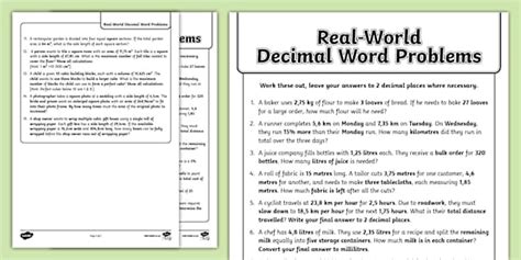 Real World Decimal Word Problems Worksheet Professor Feito