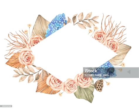 건조한 잎 꽃 및 가지가있는 수채화 꽃 프레임 마른 열대 지방 롬버스 카드 아이보리 장미 푸른 꽃 및 베이지 색 야자수 잎 청첩장 포장 인사말 카드에 적합합니다 0명에 대한