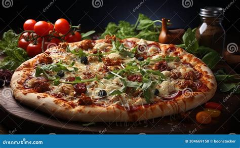 Pepperoni Pizza And Cooking Ingredients Tomatoes With Basil Ai