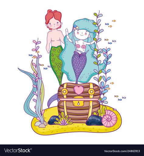 Couple Mermaids With Treasure Chest Undersea Vector Image
