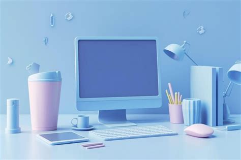 Modern Office Desk With Computer Monitor Keyboard Mouse Coffee Cup And Various Office Supplies