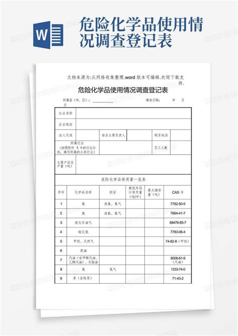危险化学品使用情况调查登记表 Word模板下载 编号qgoavrzg 熊猫办公