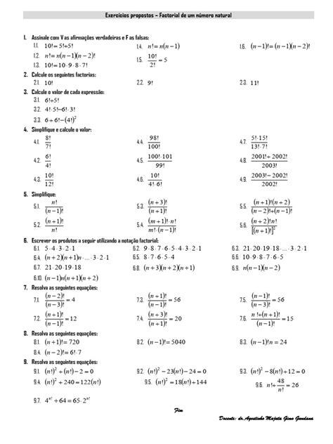 Exercícios Propostos Factorial De Um Numero Natural 2025 Pdf Números Teoria Dos Números