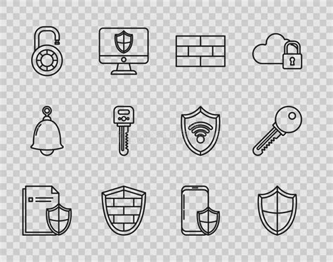 Set Line Document Protection Concept Shield Bricks With Cyber Security Brick Wall Safe