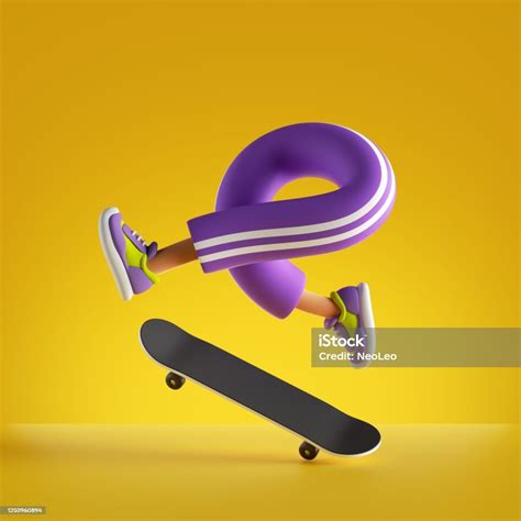 노란색 배경에 고립 된 3d 렌더링 만화 캐릭터 다리와 스케이트 보드 극단적 인 자유형 스케이트 보드 트릭 활동적인 라이프 스타일 스포츠 일러스트 3차원 형태에 대한 스톡