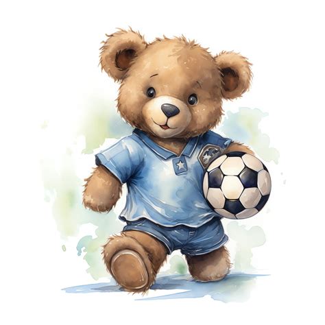 Lindo Oso De Acuarela Jugando Fútbol Ilustración Osos De Peluche