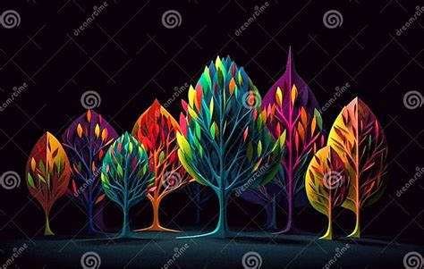 Colorful Three Dimensional Trees Illustration On Black Background