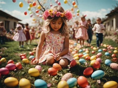 Premium Photo Little Blonde Girl Gathering Easter Eggs In Her Hands
