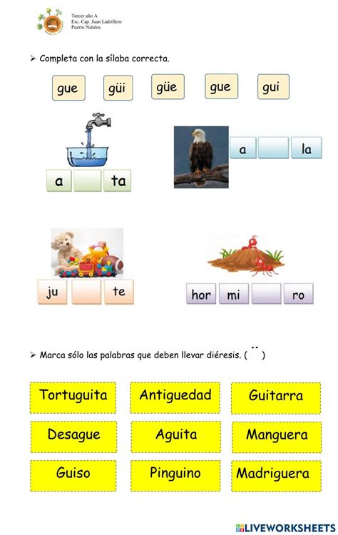 Uso de gue gui güe güi worksheet Palabras con gue gui Reglas