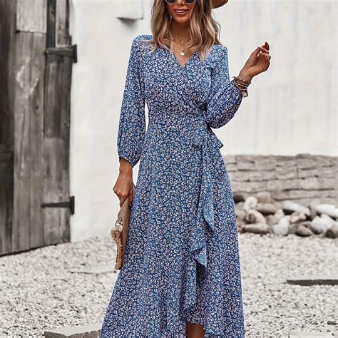 Ditsy Floral Print Wrap Dress Boho V Neck Long Sleeve Ruffle Trim
