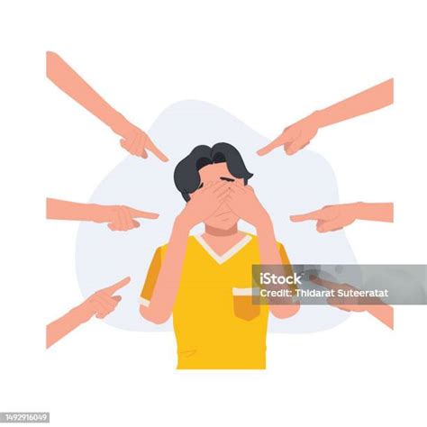학대 또는 따돌림 개념 우울한 남자를 가리키고 비난하는 손 폭력 피해자 괴롭힘 및 사회적 플랫 벡터 만화 그림 가리키기에 대한