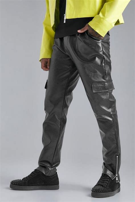 Mens Fixed Waist Slim Fit Pu Cargo Trouser Boohoo Uk