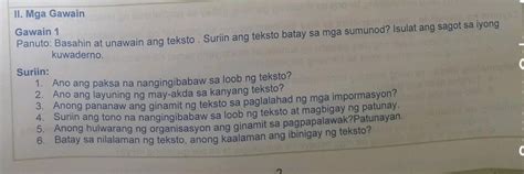 II Mga Gawain Gawain 1 Panuto Basahin At Unawain Ang Teksto Suriin Ang Teksto Batay Sa Mga