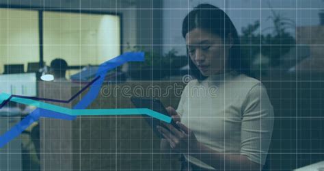 Image Of Graphs Over Grid Pattern Against Asian Businesswoman Using