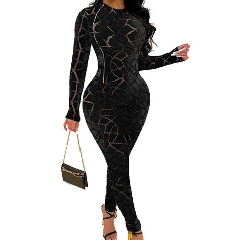 Buy Nevenka Women Sexy Sheer Mesh Jumpsuit Bodycon Long Sleeve See
