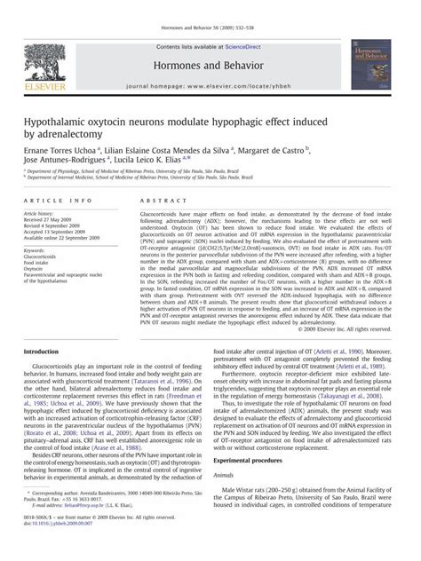 Pdf Hypothalamic Oxytocin Neurons Modulate Hypophagic Effect Induced
