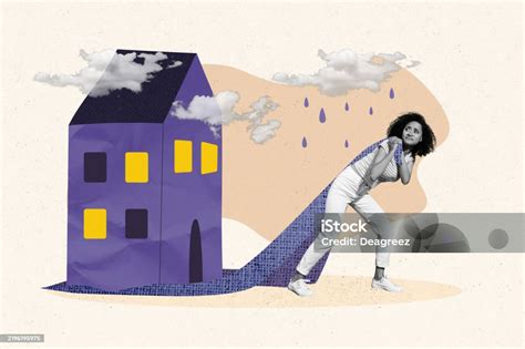 트렌드 아트웍 복합 스케치 이미지 3d 사진 콜라주 흑인 흰색 지친 슬픈 숙녀 손에 들고 집 건물 밀어 뒤에 20 24세에 대한 스톡 사진 및 기타 이미지 Istock