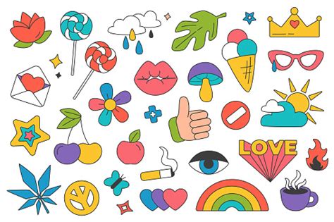 레트로 그루비 Y2k 스티커는 플랫 그래픽 디자인의 요소를 설정합니다 꽃 막대 사탕 구름 잎 사랑 키스 버섯 무지개 등과 함께 펑키한 표지판의 물체를 묶습니다 벡터 일러스트